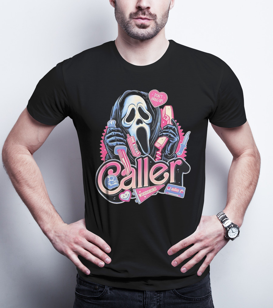 Caller Ghostface Woodsboro Don't Hang Up Pink Telephone Knife T-Shirt