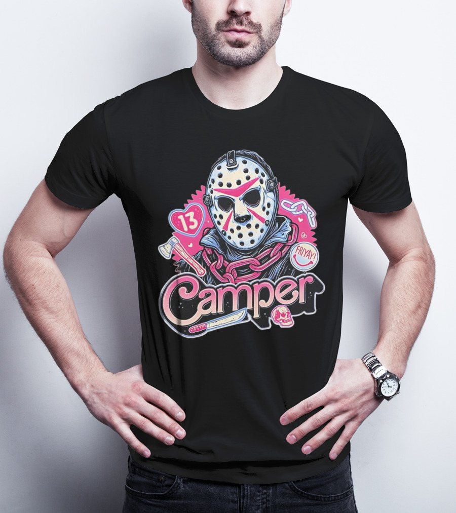 Camper 13 Jason Voorhees Mask And Chains With Ax And Knife Friyay Hearts T-Shirt