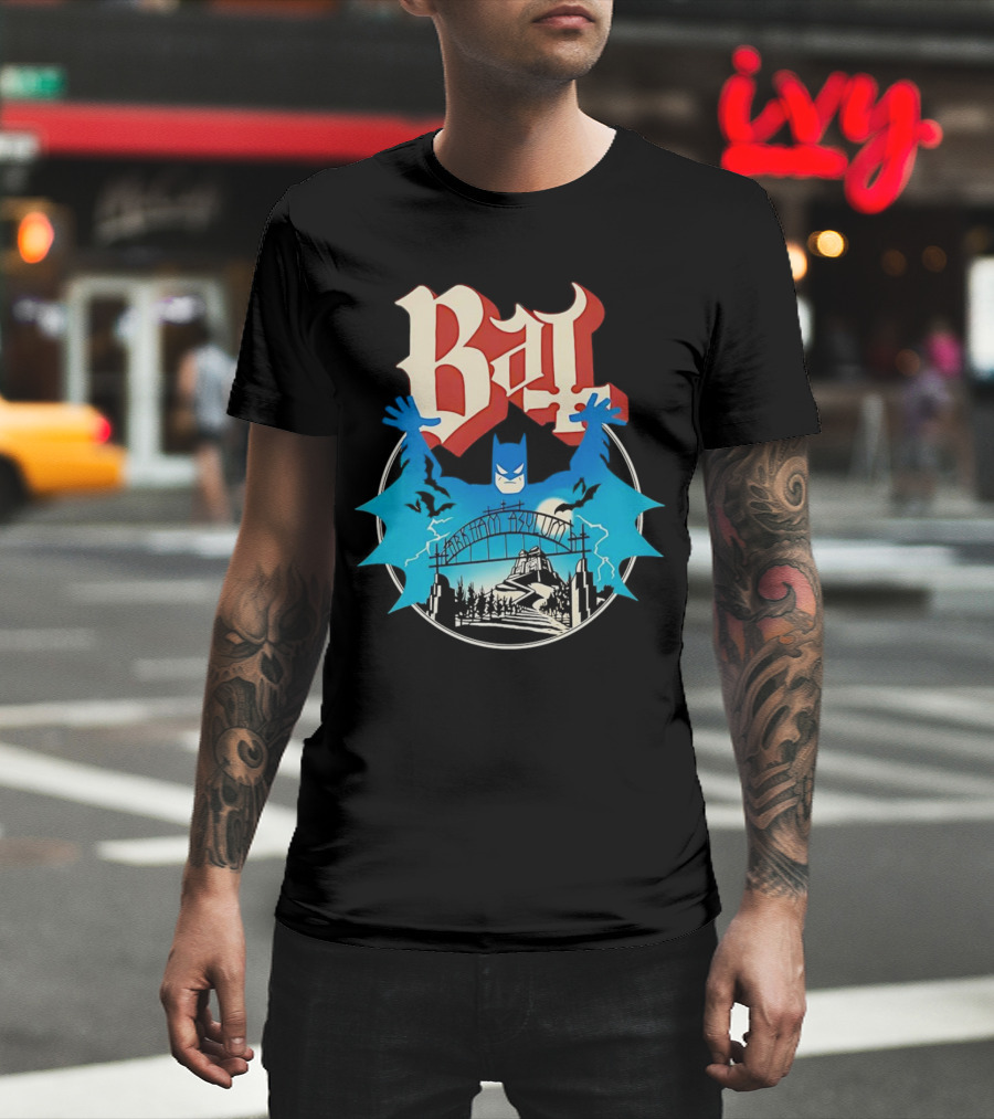 Bat Gotham Asylum Blue Bat Symbol And Red Gothic Font T-Shirt