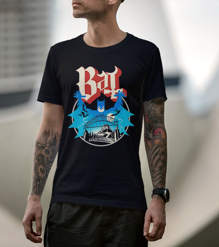 Bat Gotham Asylum Blue Bat Symbol And Red Gothic Font T-Shirt