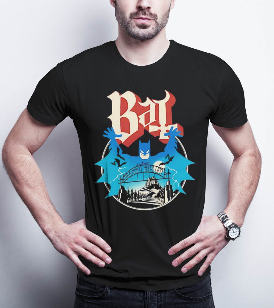 Bat Gotham Asylum Blue Bat Symbol And Red Gothic Font T-Shirt