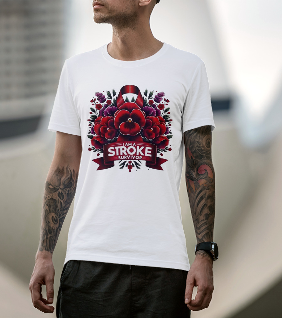 I Am A Stroke Survivor Red Ribbon And Floral Bouquet T-Shirt