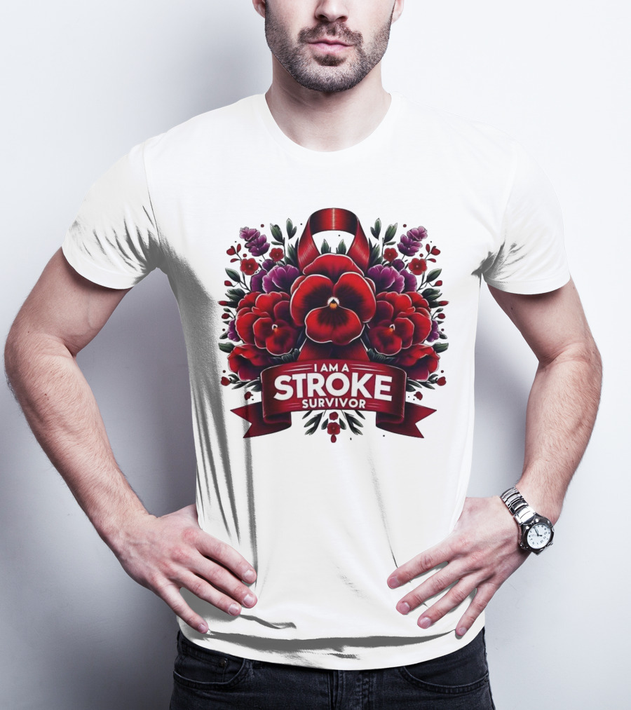 I Am A Stroke Survivor Red Ribbon And Floral Bouquet T-Shirt