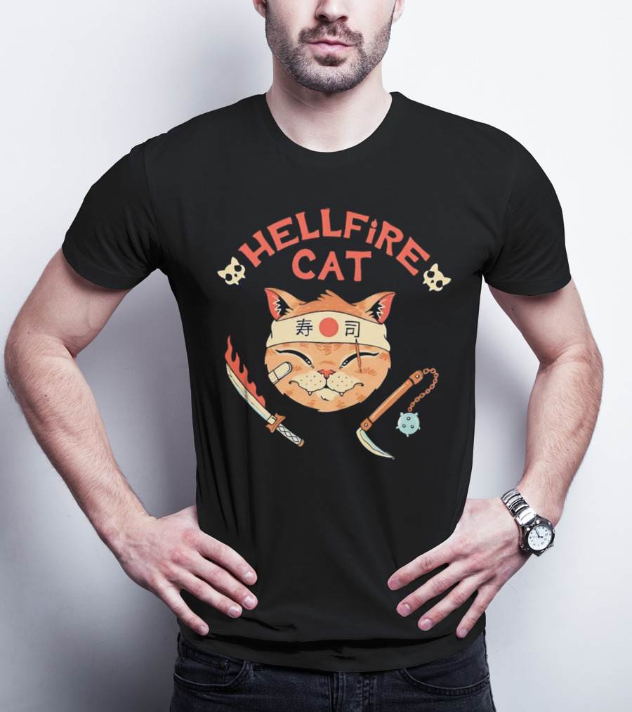 Hellfire Cat Sushi Samurai With Nunchaku And Flaming Sword T-Shirt