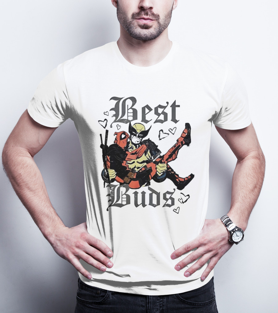 Best Buds Wolverine Carrying Deadpool With Hearts T-Shirt