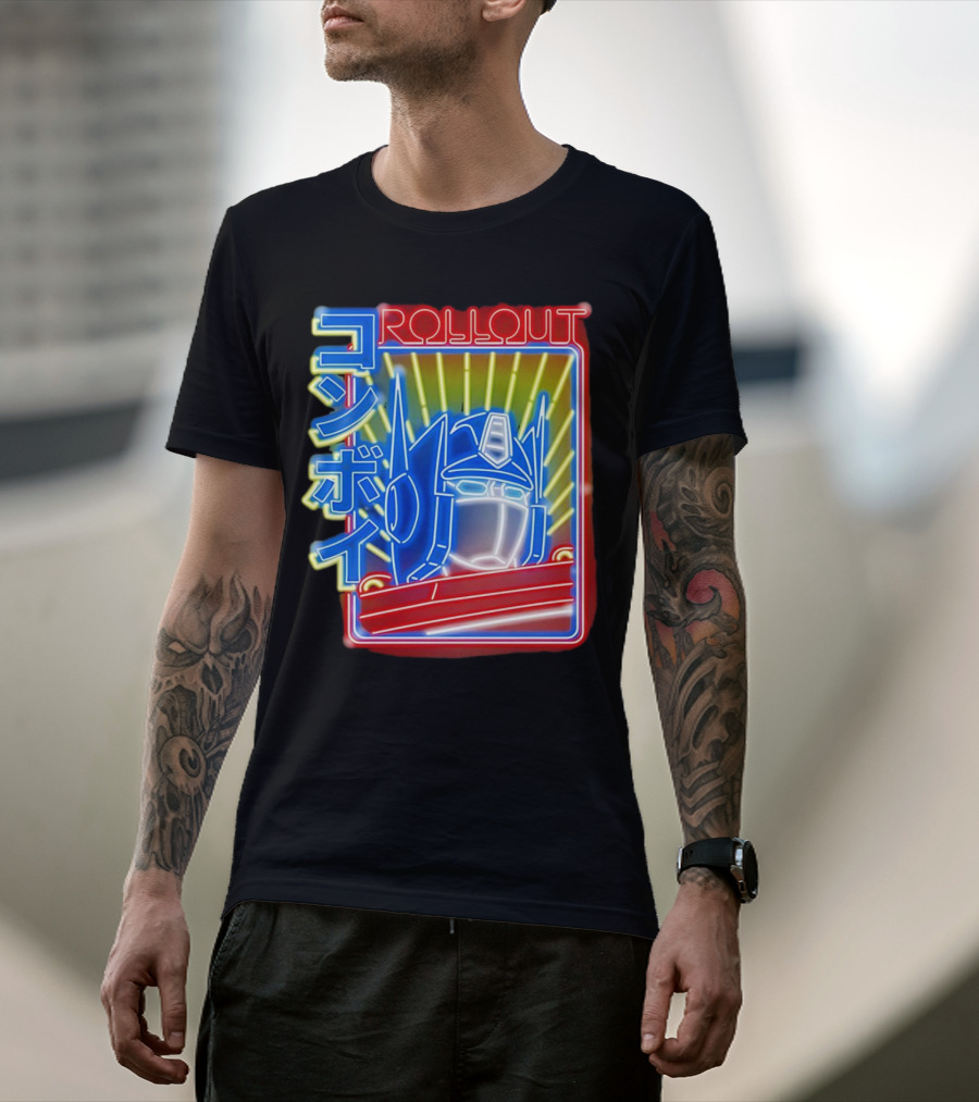 Rollout Neon Prime Robot Head With Japanese Characters T-Shirt