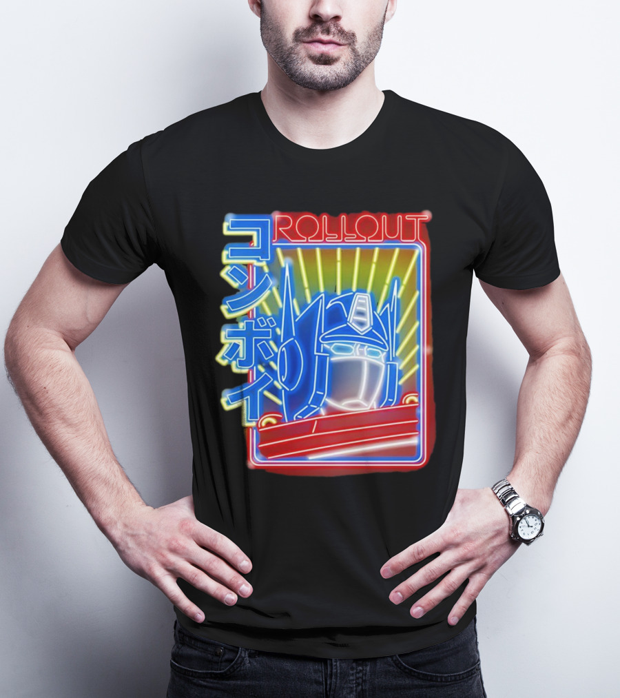 Rollout Neon Prime Robot Head With Japanese Characters T-Shirt