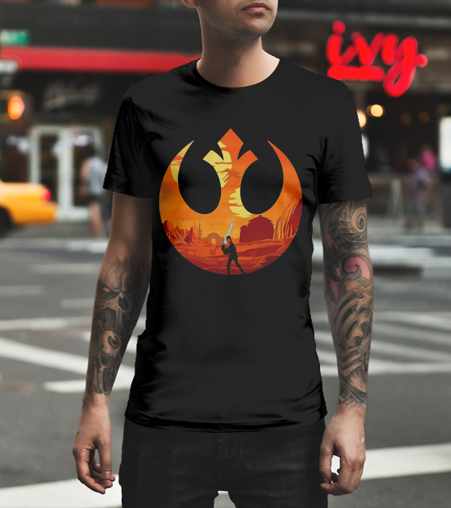 Luke Skywalker The Knight Farmer Tatooine Rebel Symbol Sunset Scene T-Shirt