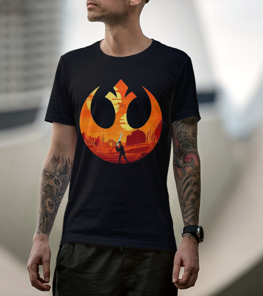 Luke Skywalker The Knight Farmer Tatooine Rebel Symbol Sunset Scene T-Shirt