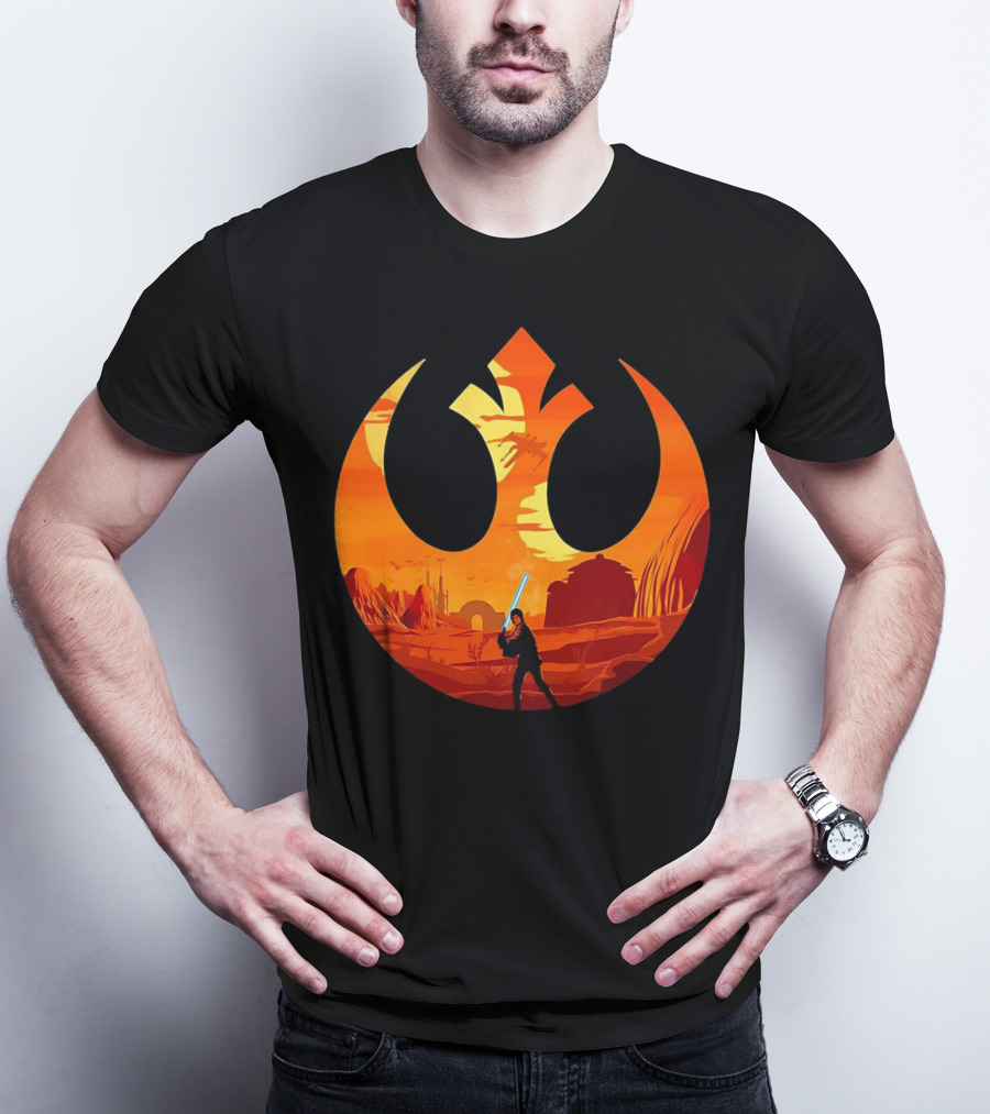 Luke Skywalker The Knight Farmer Tatooine Rebel Symbol Sunset Scene T-Shirt