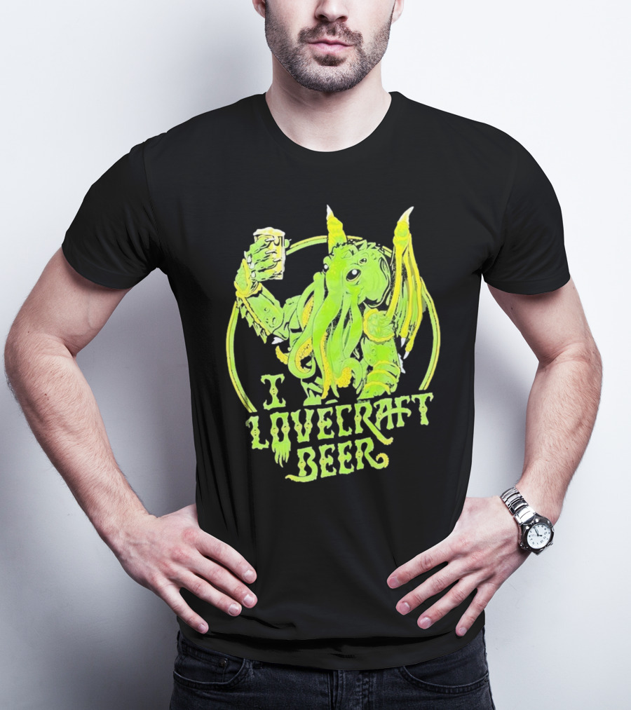 Cthulhu I Love Craft Beer Green Creature Holding Mug T-Shirt