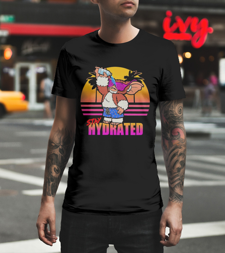 Stay Hydrated Gizmo Summer Beach Vibes With Sunset And Palm Trees T-Shirt