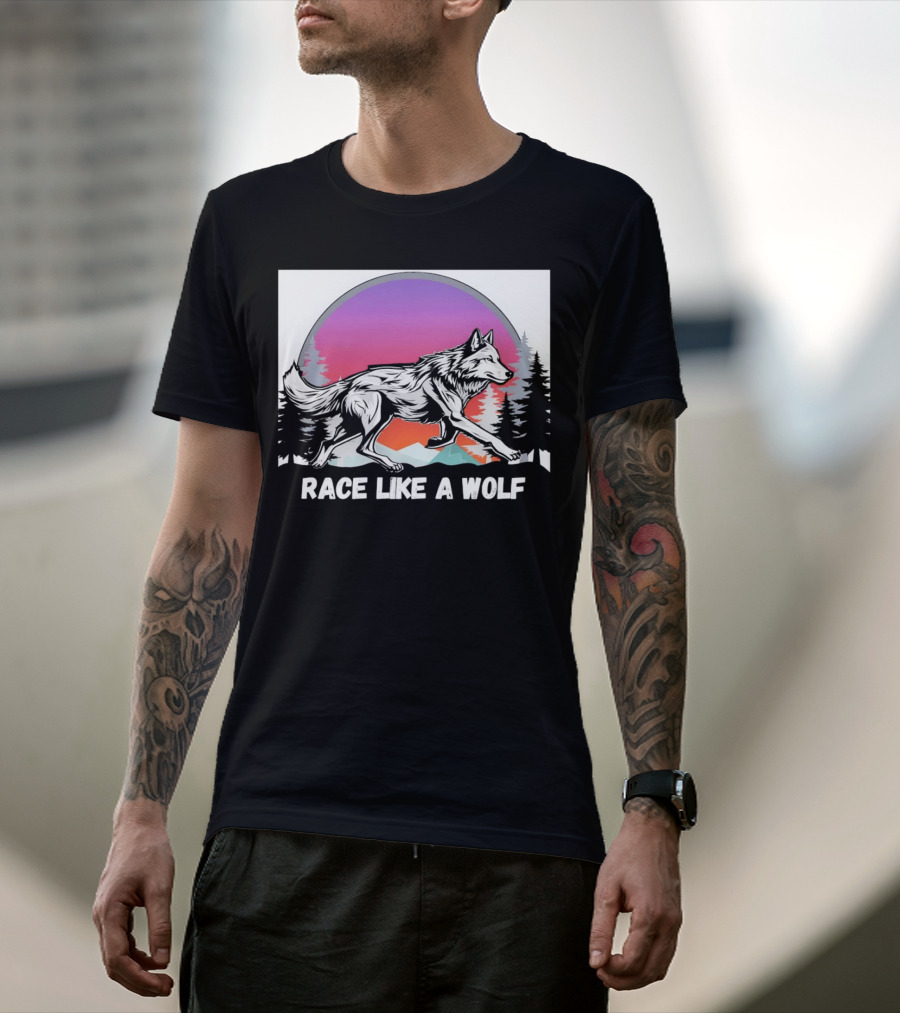 Race Like A Wolf Running Through Forest Silhouette At Sunset T-Shirt