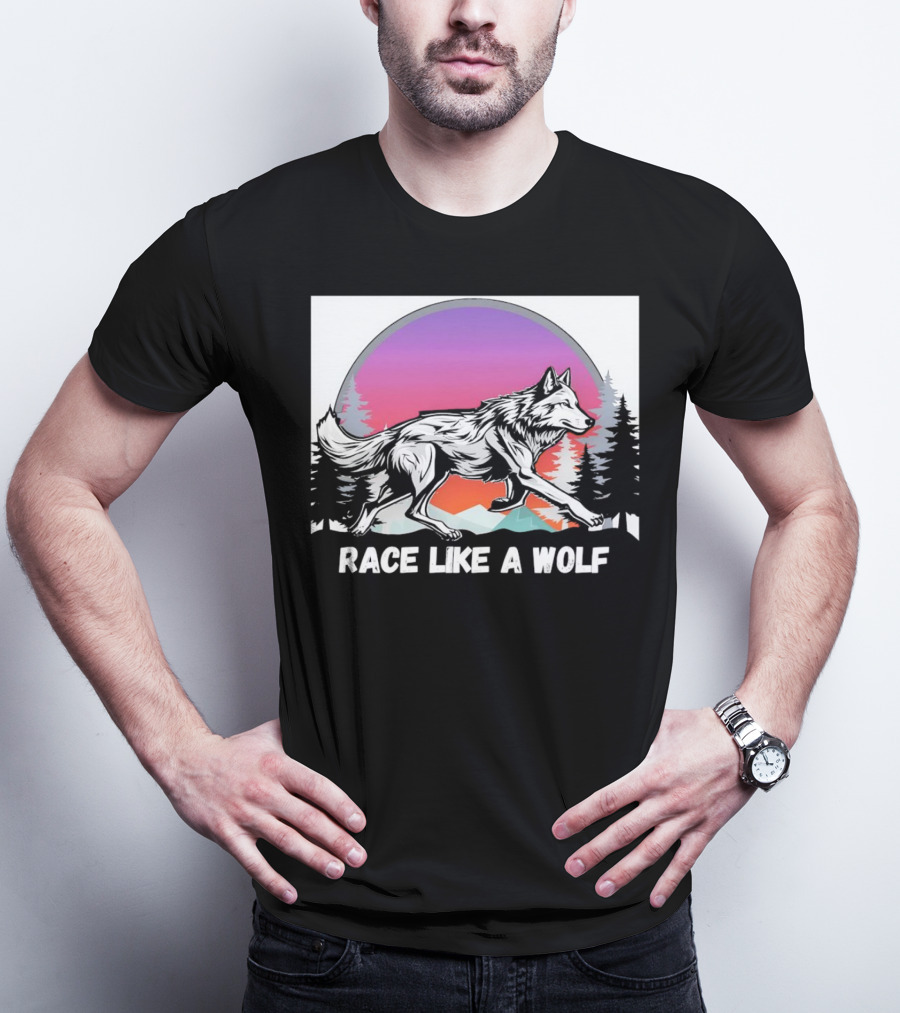 Race Like A Wolf Running Through Forest Silhouette At Sunset T-Shirt