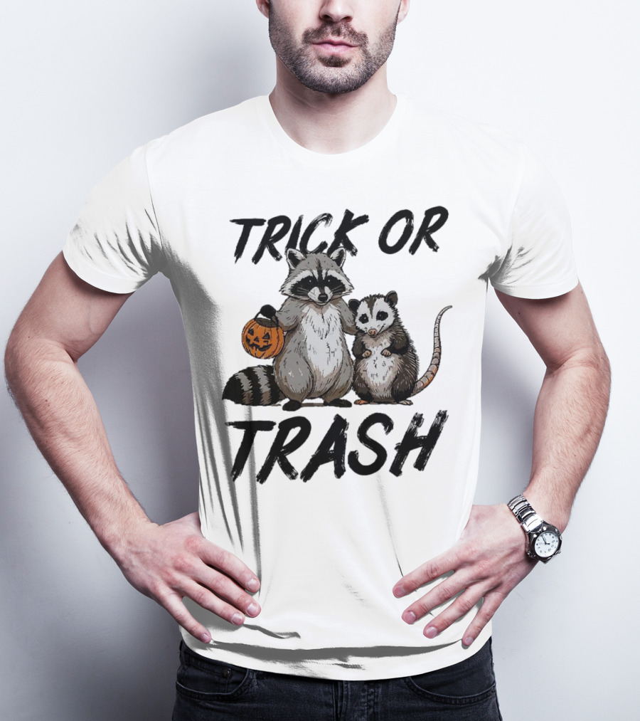 Trick Or Trash Halloween Raccoon With Pumpkin T-Shirt