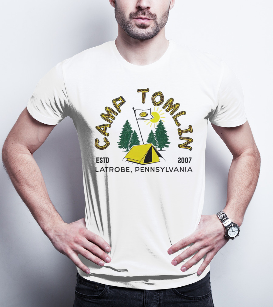 Camp Tomlin Established 2007 Latrobe Pennsylvania Football Camping Tent Trees Moon Sun T-Shirt