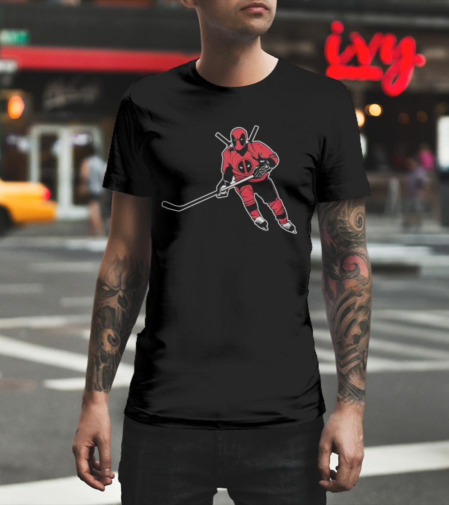 Deadpool Playing Hockey With Iconic Mask And Costume T-Shirt