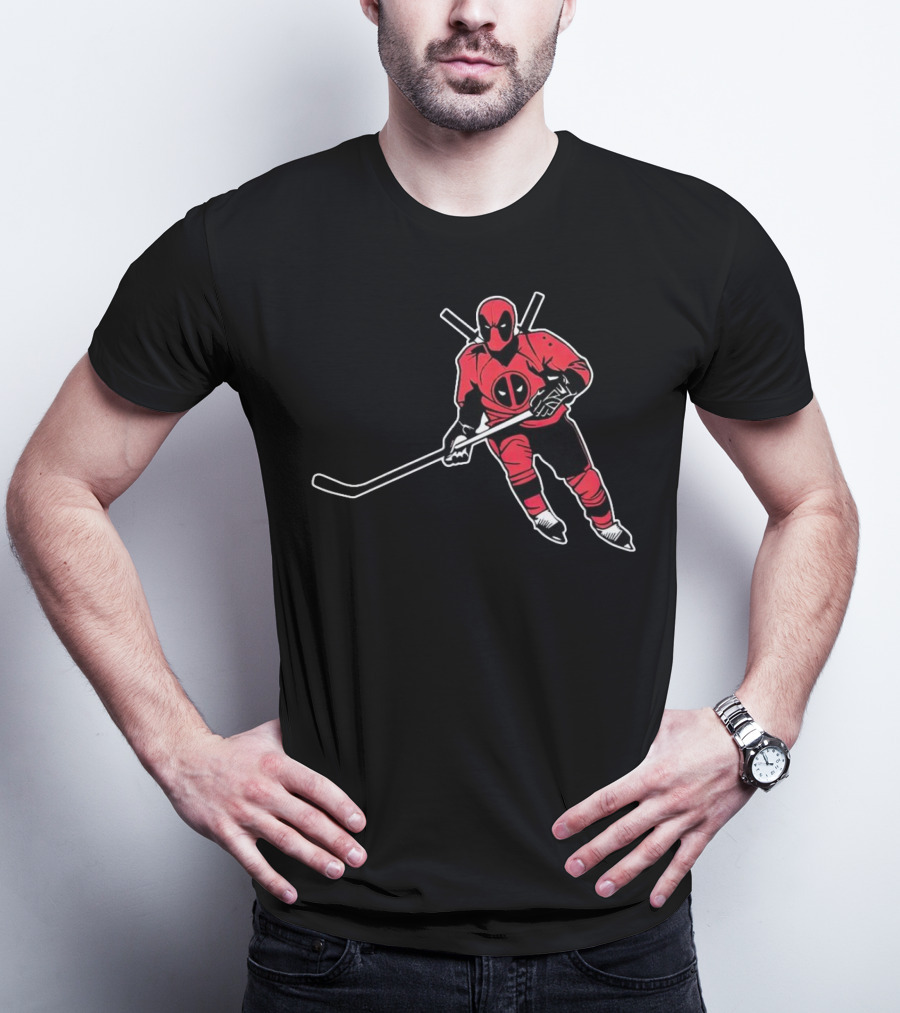 Deadpool Playing Hockey With Iconic Mask And Costume T-Shirt