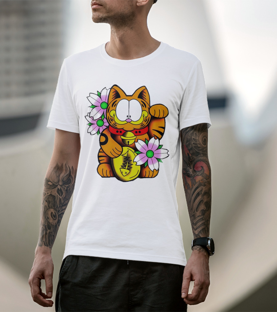 Garfield Maneki Neko With Fish Coin And Flowers T-Shirt
