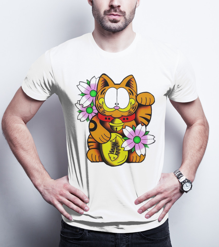 Garfield Maneki Neko With Fish Coin And Flowers T-Shirt