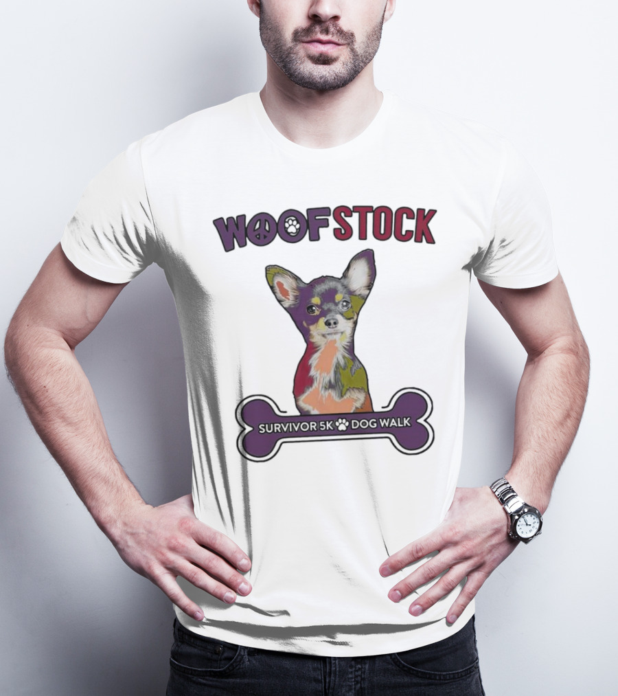 Woof Stock Peace Sign Survivor 5K Dog Walk Colorful Chihuahua Bone T-Shirt