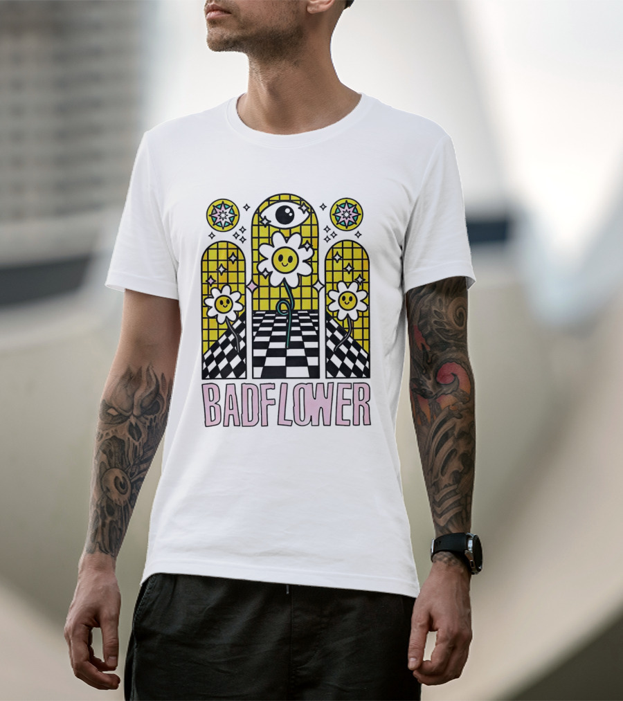 Badflower Eyeball Wall Happy Flowers Stained Glass T-Shirt