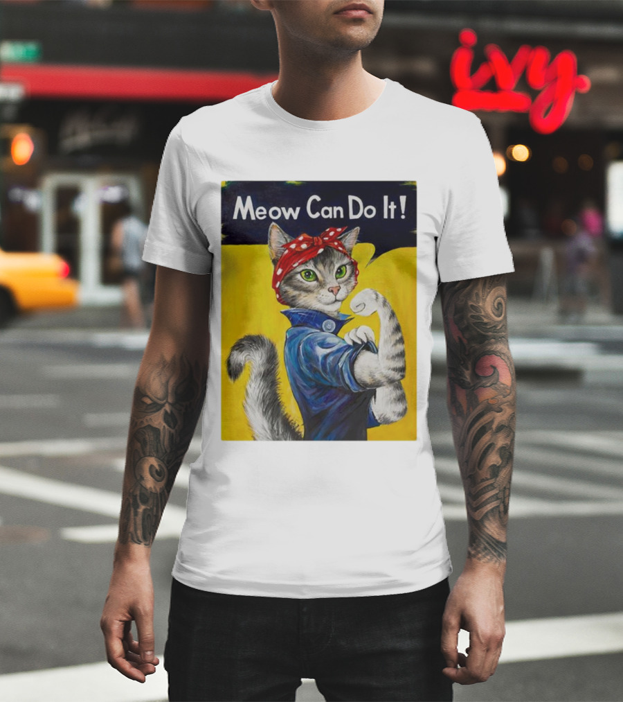 Meow Can Do It Rosie The Riveter Cat Red Bandana T-Shirt