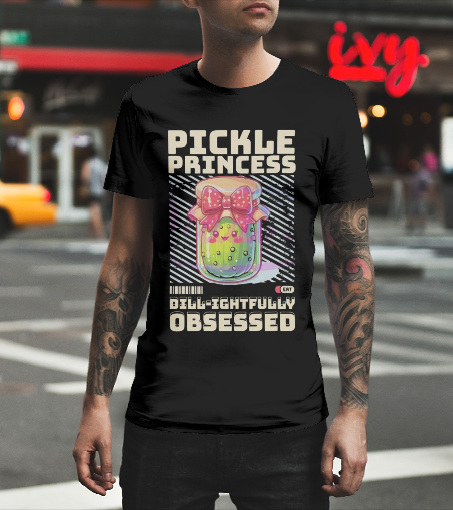 Pickle Princess Dill-ightfully Obsessed Retro Cute Jar With Bow And Barcode Eat T-Shirt