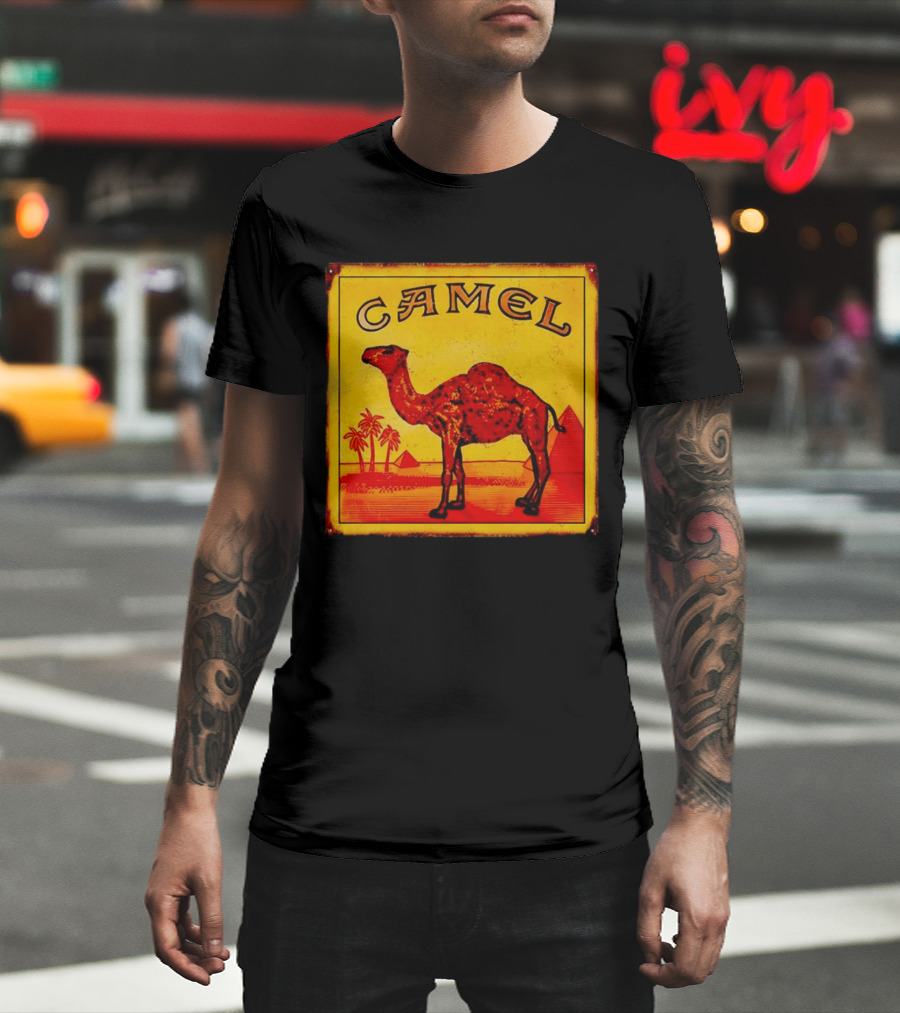 Vintage Camel Cigarettes Logo Yellow Square With Red Camel And Pyramids T-Shirt