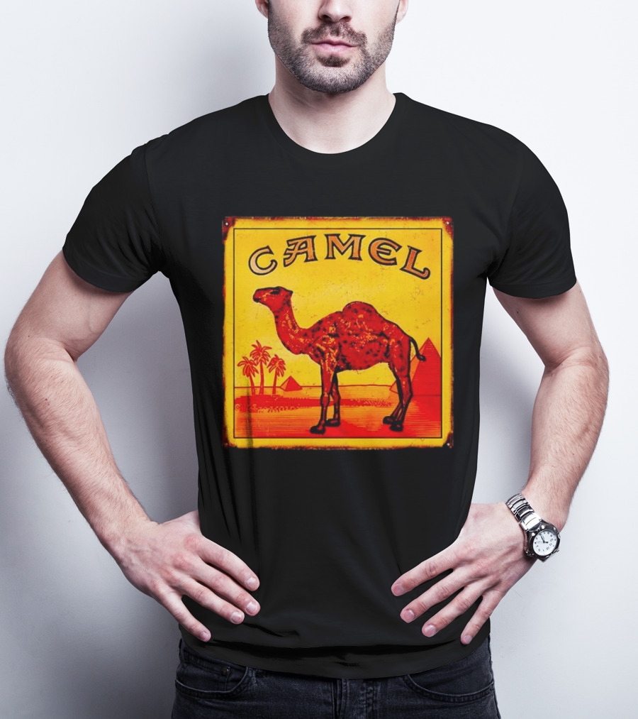 Vintage Camel Cigarettes Logo Yellow Square With Red Camel And Pyramids T-Shirt