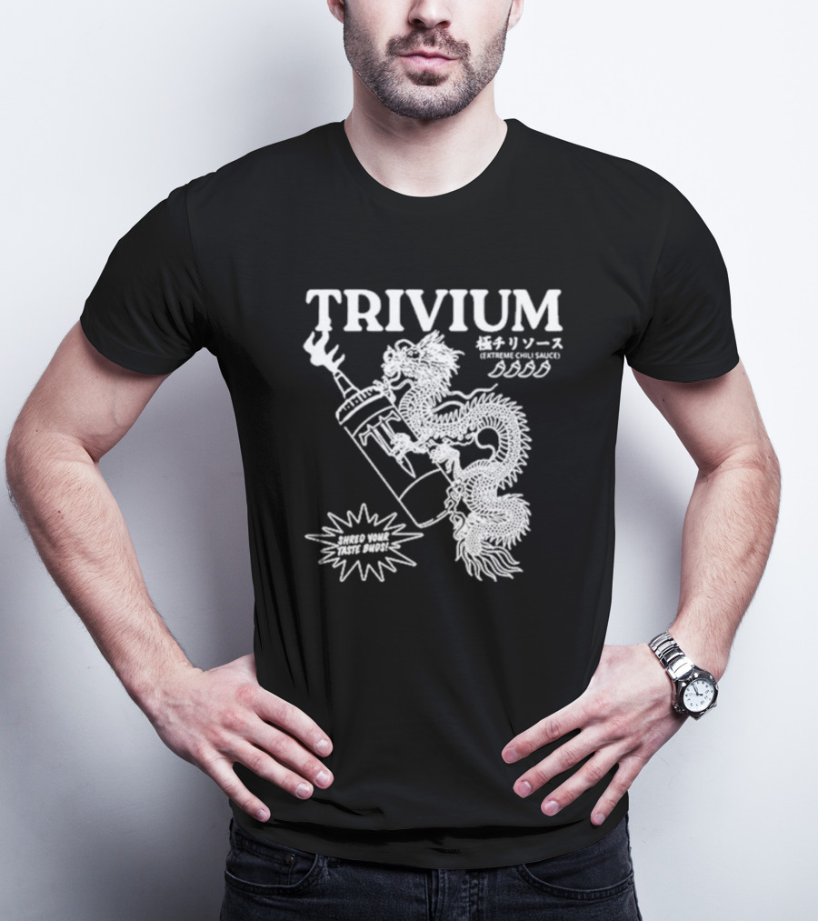 TRIVIUM Extreme Chili Sauce Shred Your Taste Buds Dragon Bottle T-Shirt