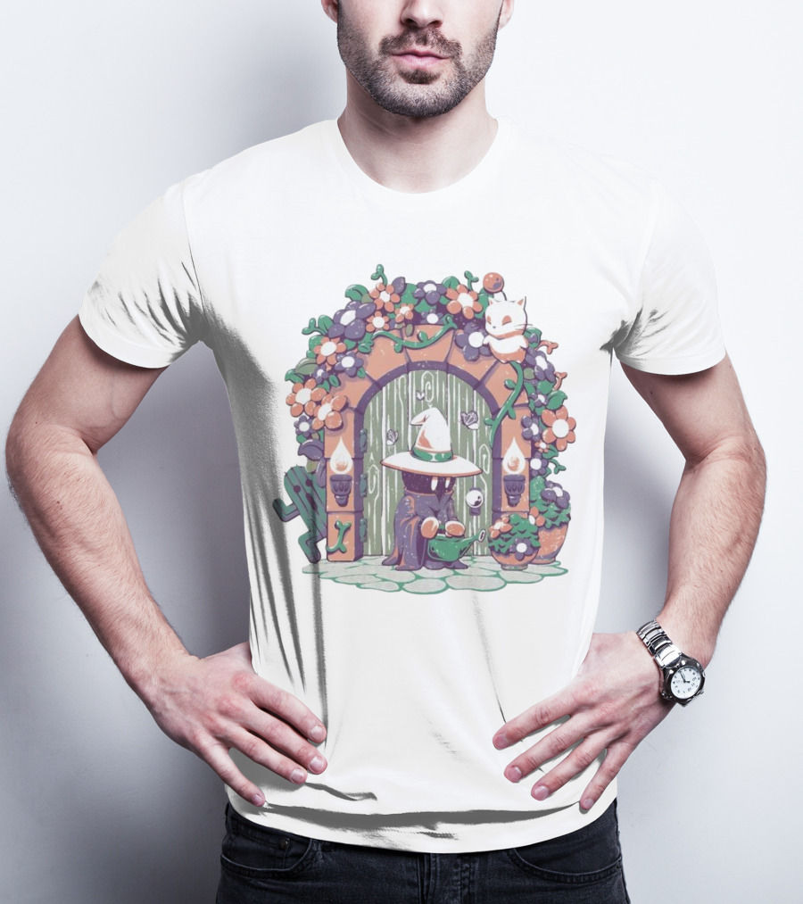 A Gardening Mage And Friends Enchanted Floral Doorway Fantasy Garden Scene T-Shirt