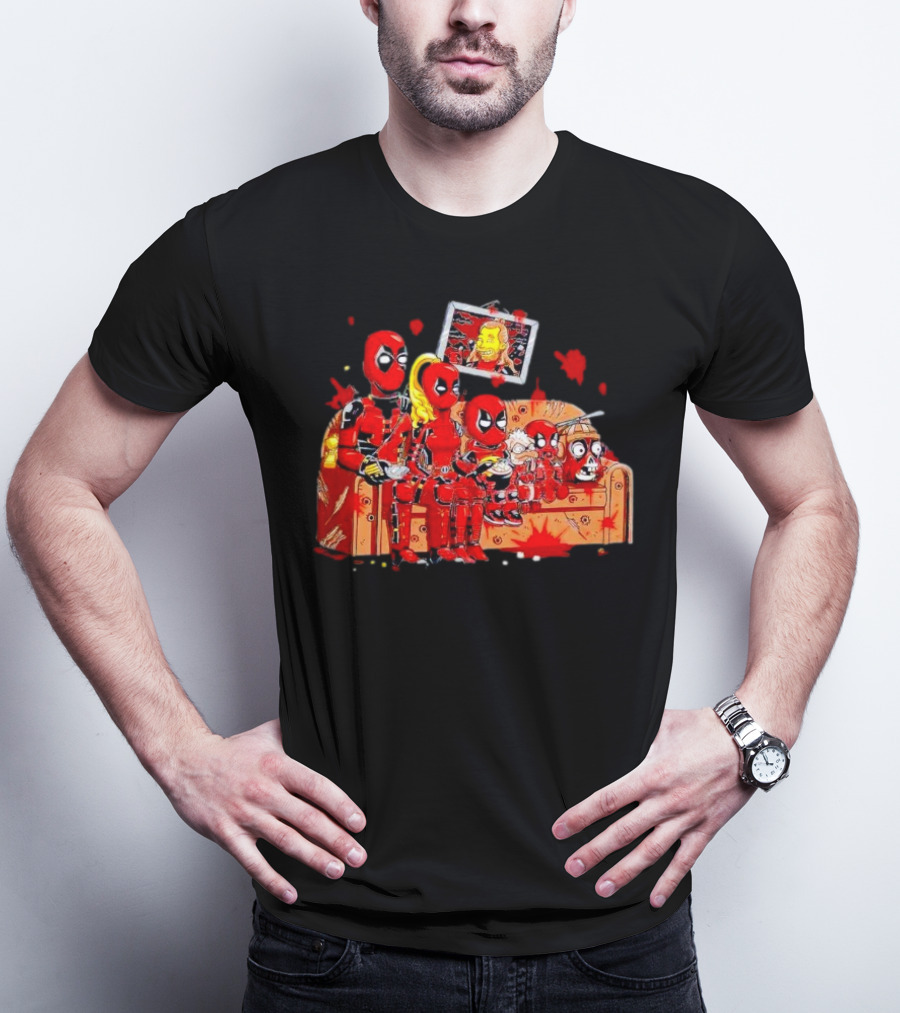 Deadpool Characters Sitting On Simpsons Couch With TV Screen T-Shirt