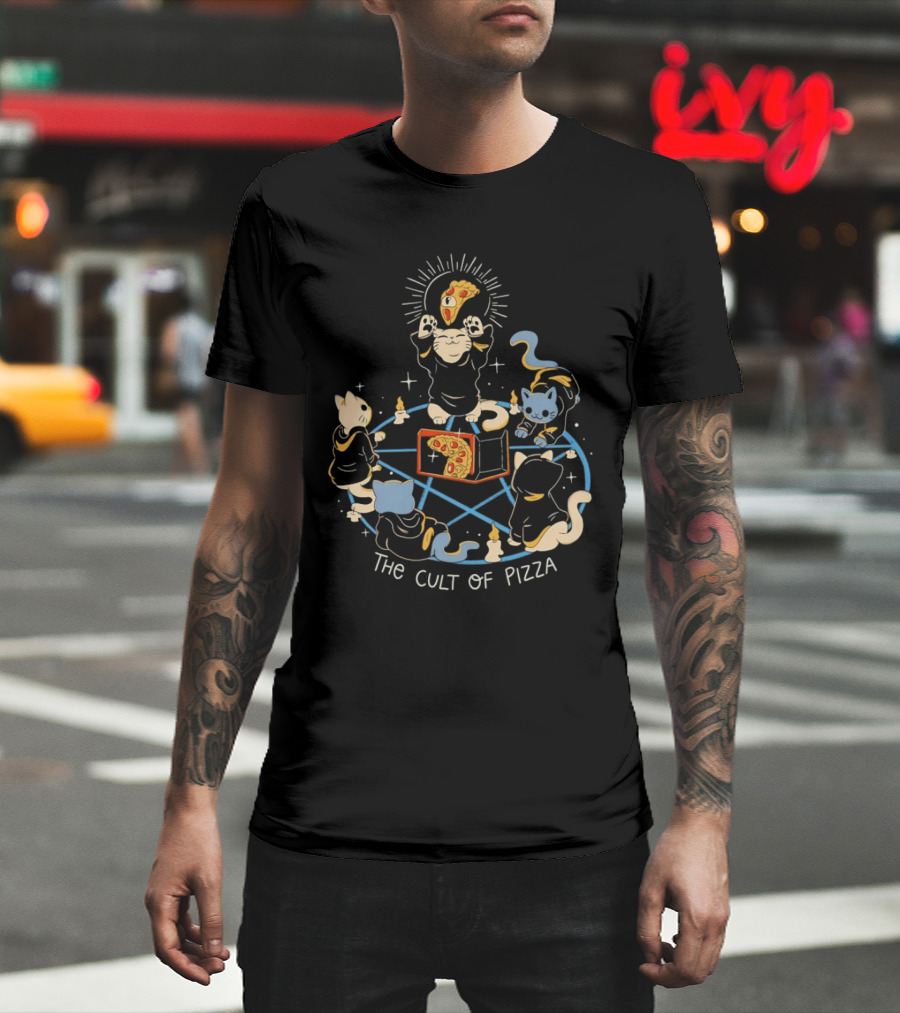 The Cult Of Pizza Cats Summoning Ceremony With Illuminated Slice And Mystical Blue Pentagram T-Shirt