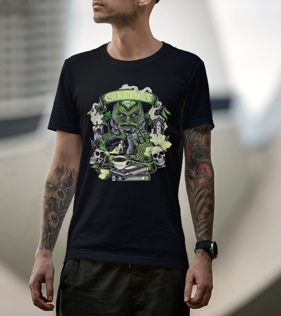 Creature From The Black Lagoon Gill-man Illustrated With Skulls, Books, And Coffee Cup T-Shirt