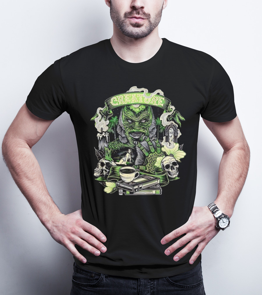 Creature From The Black Lagoon Gill-man Illustrated With Skulls, Books, And Coffee Cup T-Shirt