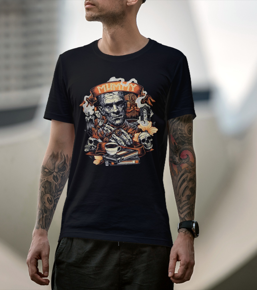 Mummy Vintage Horror Scene With Skulls And Coffee T-Shirt