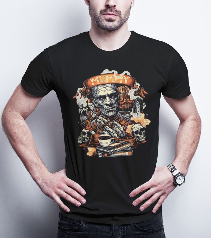 Mummy Vintage Horror Scene With Skulls And Coffee T-Shirt