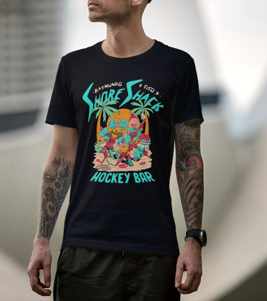 Raymundo And Tito's Shore Shack Hockey Bar Cartoon On The Beach With Hockey Players And Palm Trees T-Shirt