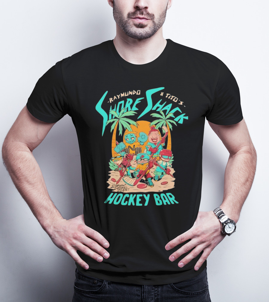 Raymundo And Tito's Shore Shack Hockey Bar Cartoon On The Beach With Hockey Players And Palm Trees T-Shirt