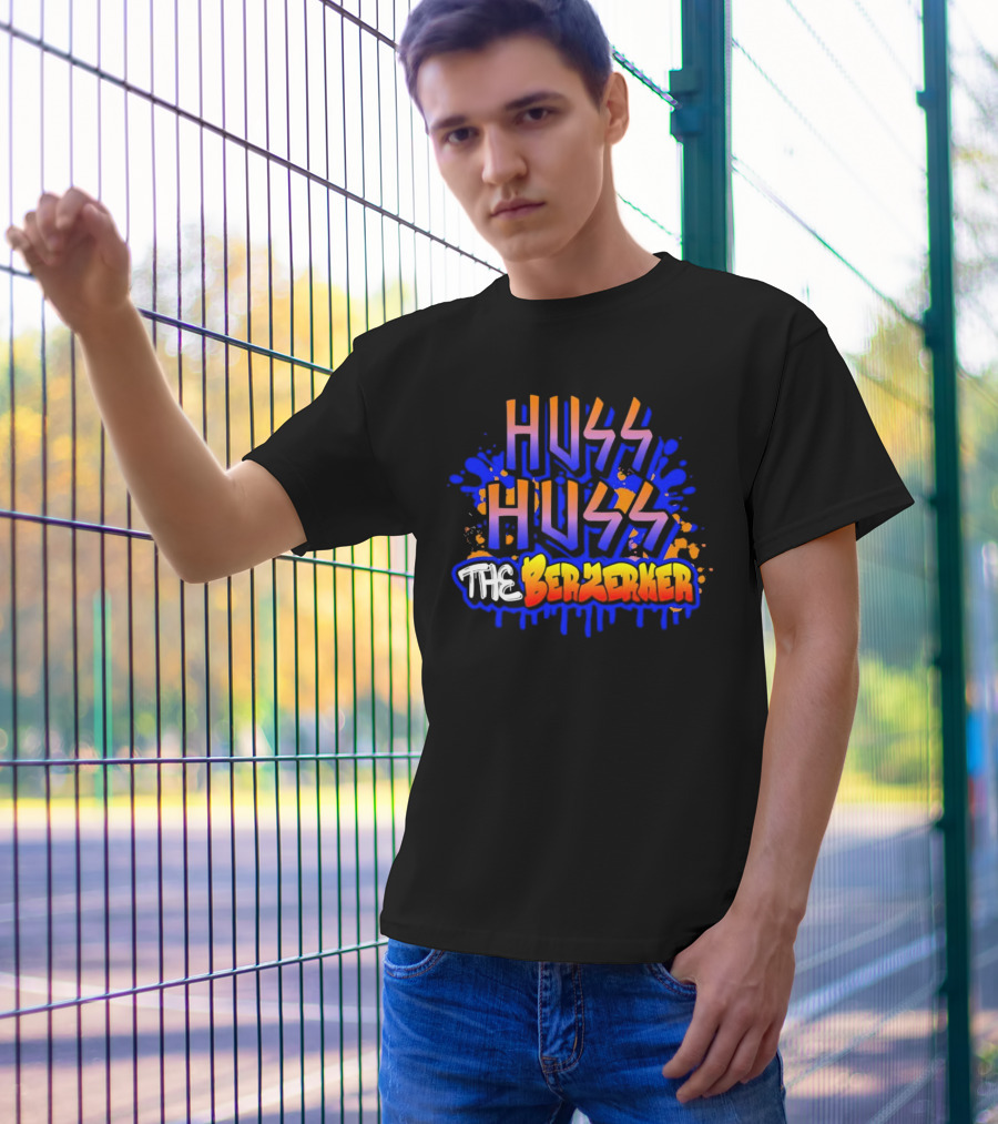 Huss Huss The Berzerker Graffiti Style Text With Blue And Orange Splatter T-Shirt