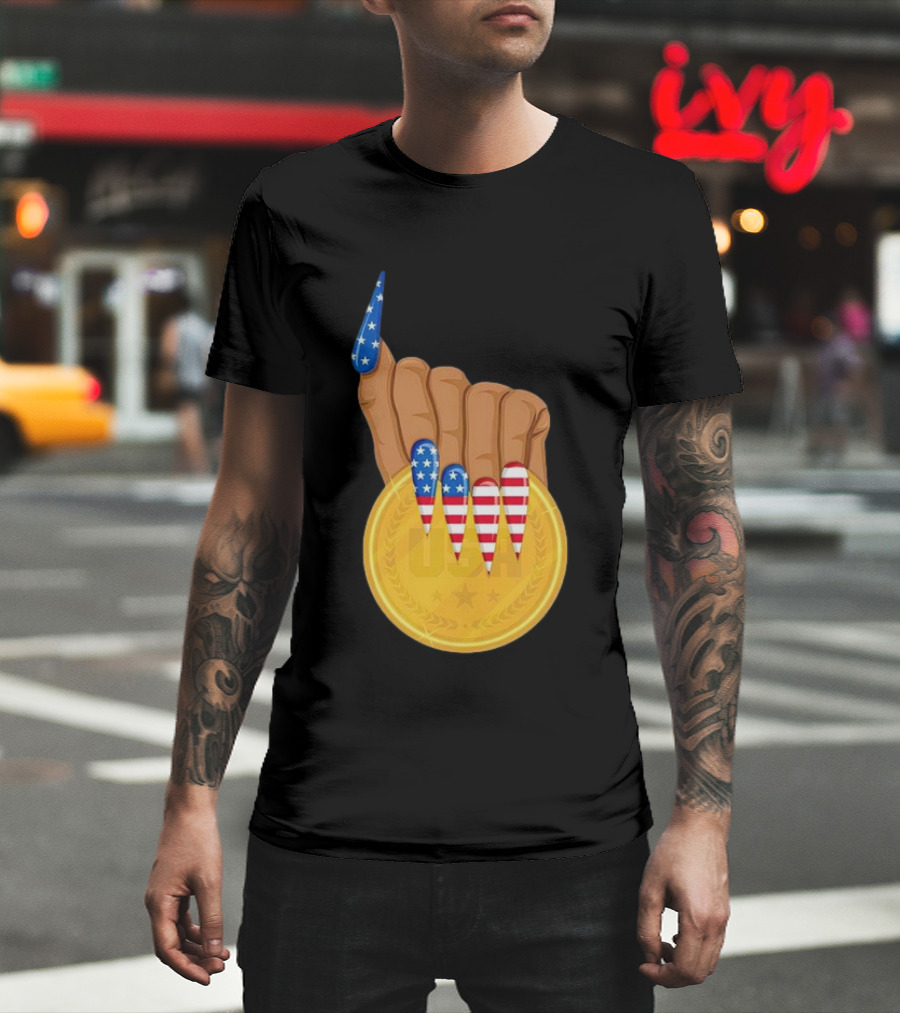 USA Gold Medal Hand With American Flag Nails T-Shirt