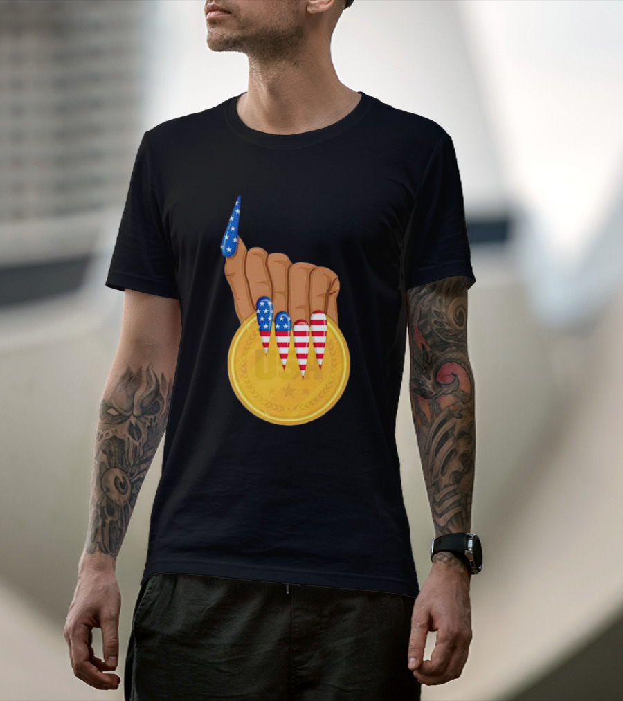 USA Gold Medal Hand With American Flag Nails T-Shirt