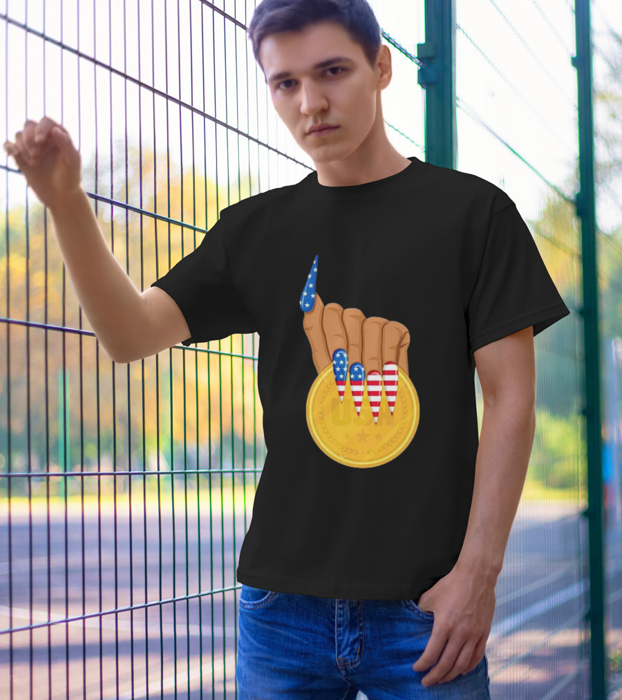 USA Gold Medal Hand With American Flag Nails T-Shirt