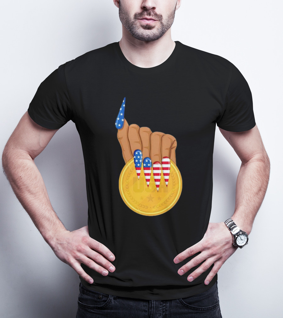 USA Gold Medal Hand With American Flag Nails T-Shirt