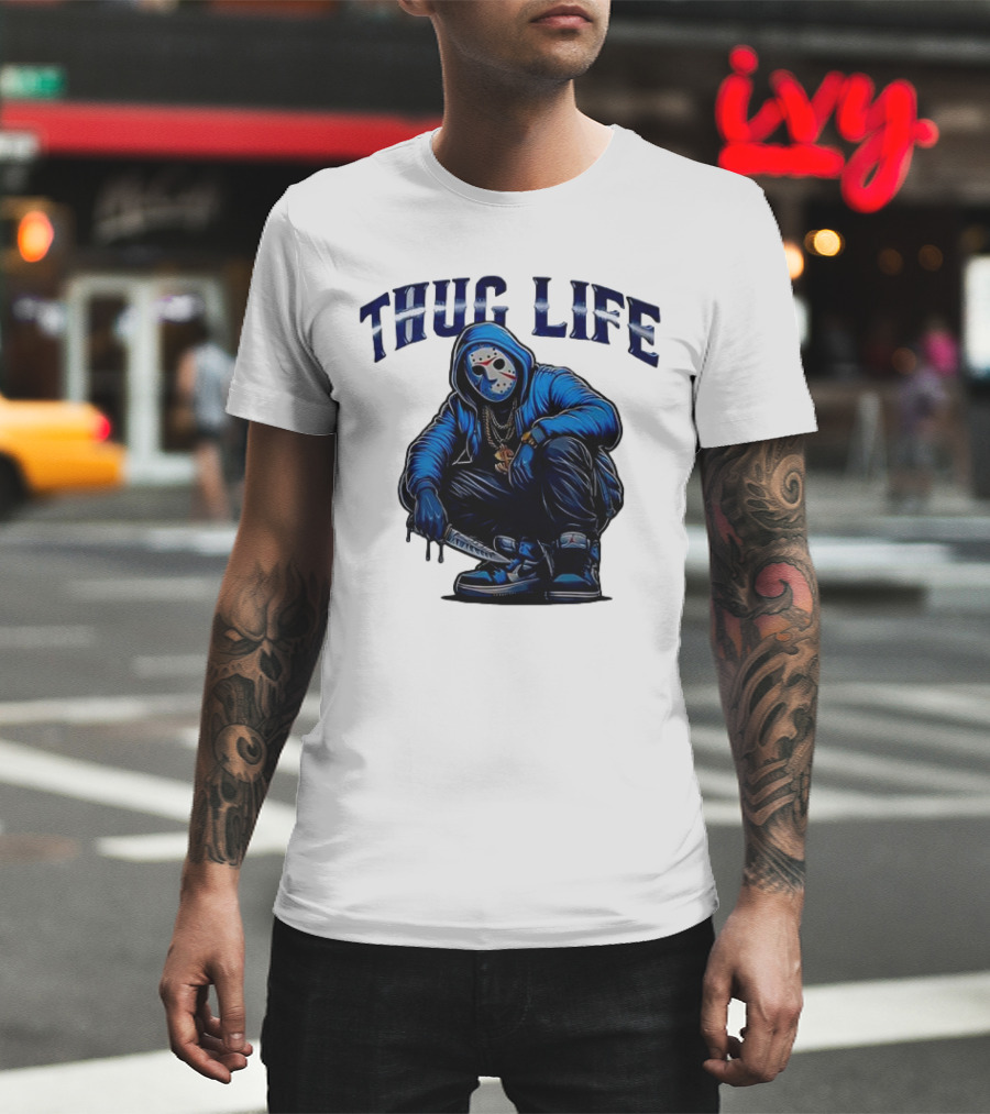 Thug Life Masked Man Sitting With Knife In Blue Hoodie And Sneakers T-Shirt