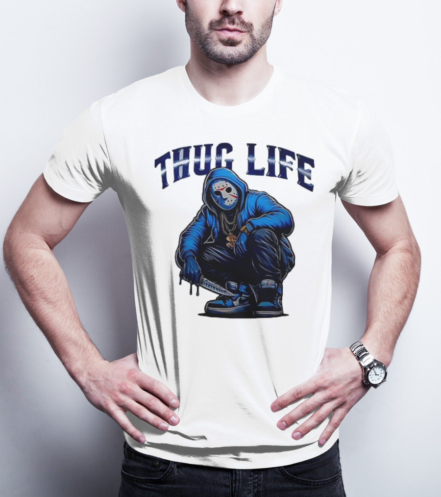 Thug Life Masked Man Sitting With Knife In Blue Hoodie And Sneakers T-Shirt