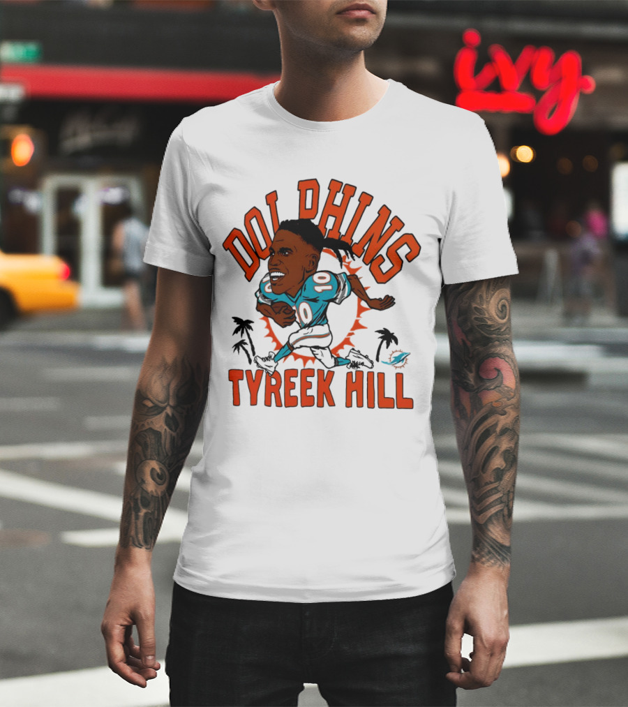 Tyreek Hill Miami Dolphins Caricature Player Signature Dolphins T-Shirt