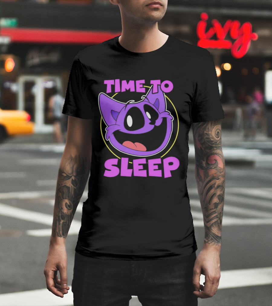 Time To Sleep Purple Cat Cartoon Face T-Shirt