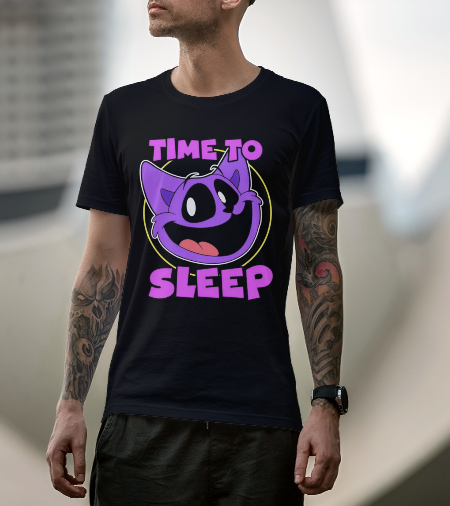 Time To Sleep Purple Cat Cartoon Face T-Shirt